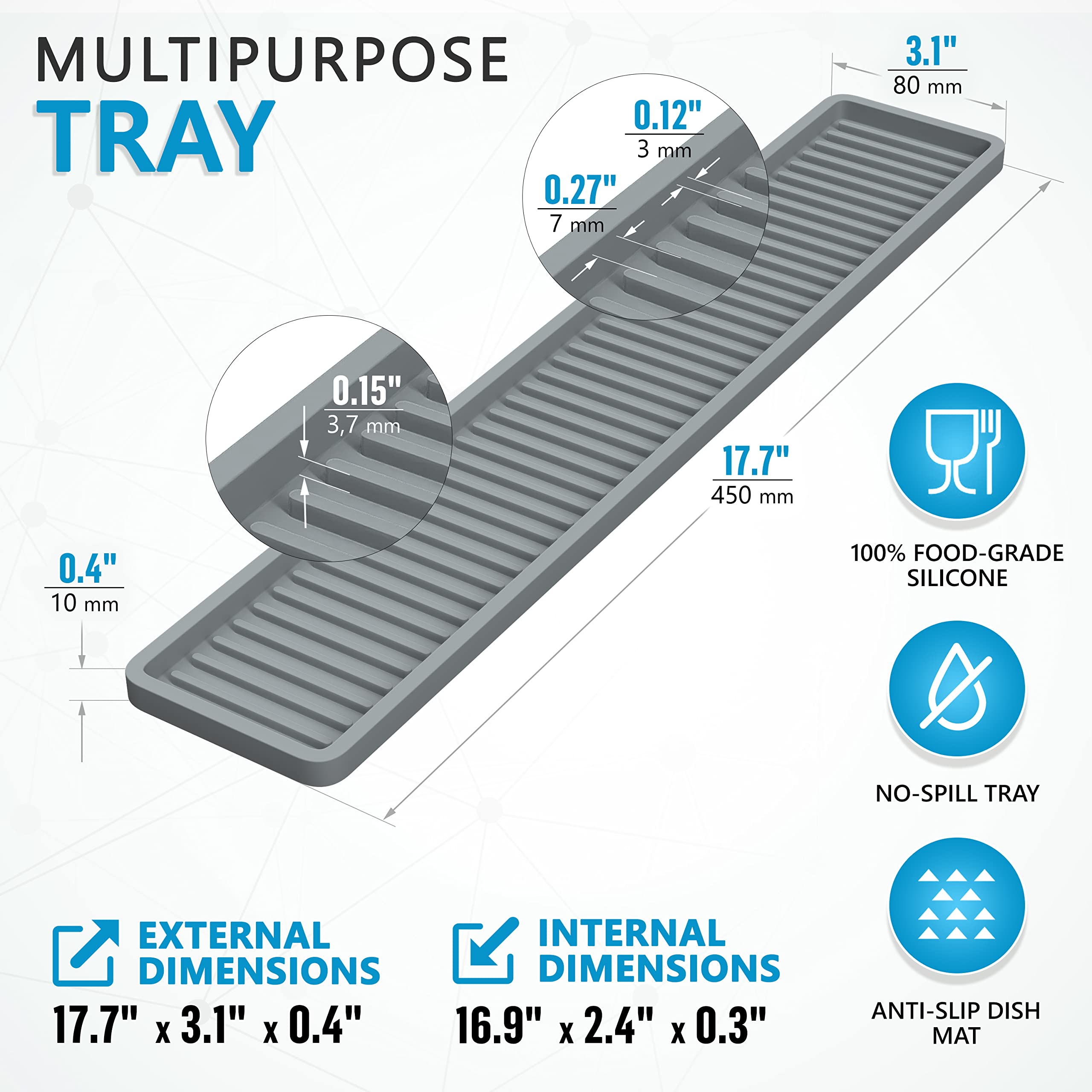 ZAPPOWARE Kitchen Sink Narrow Silicone Holder Tray 18"x3.1", Vanity & Bathroom Organizer, Bar Coffee Service Mat, Gray