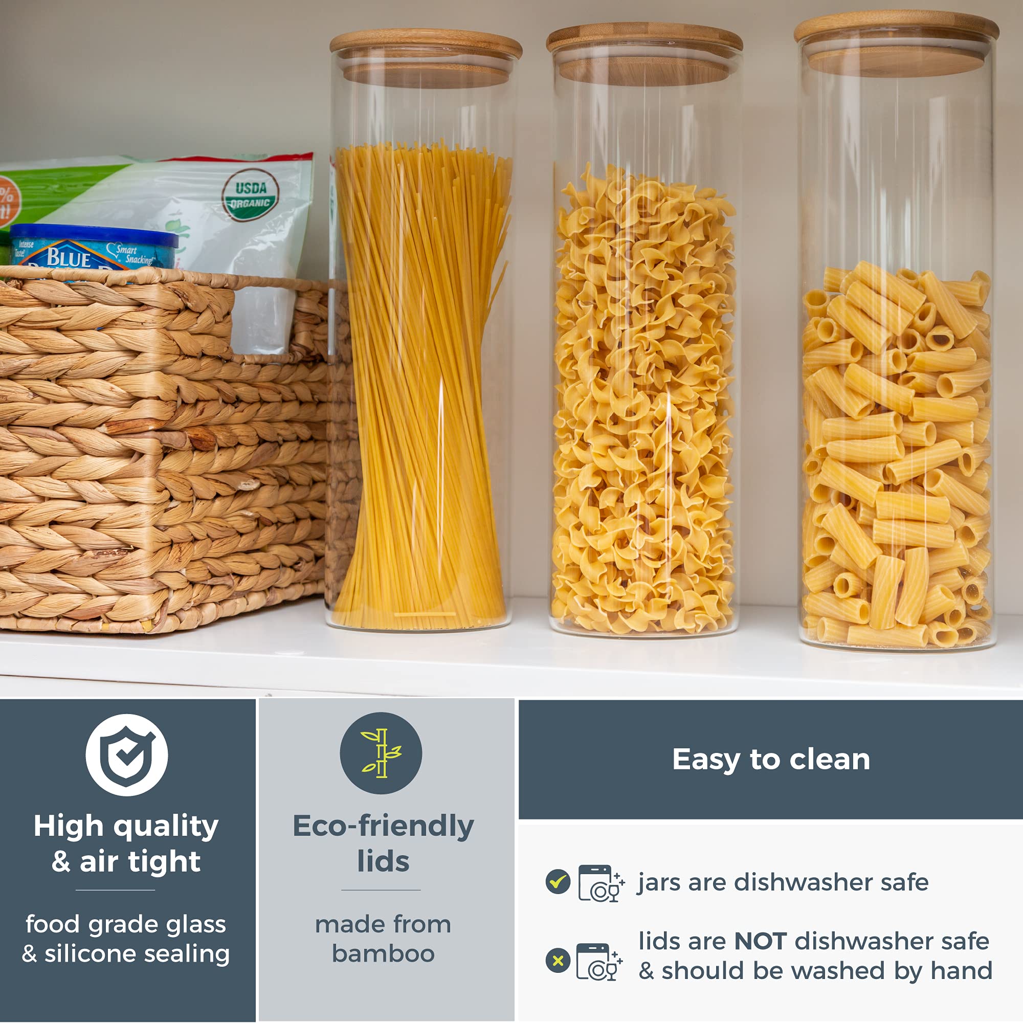 Crutello Glass Food Storage Containers with Bamboo Lids, 3 Pack - 72 Fluid oz Airtight Clear Kitchen Organization Canisters - A Family-Owned American Brand