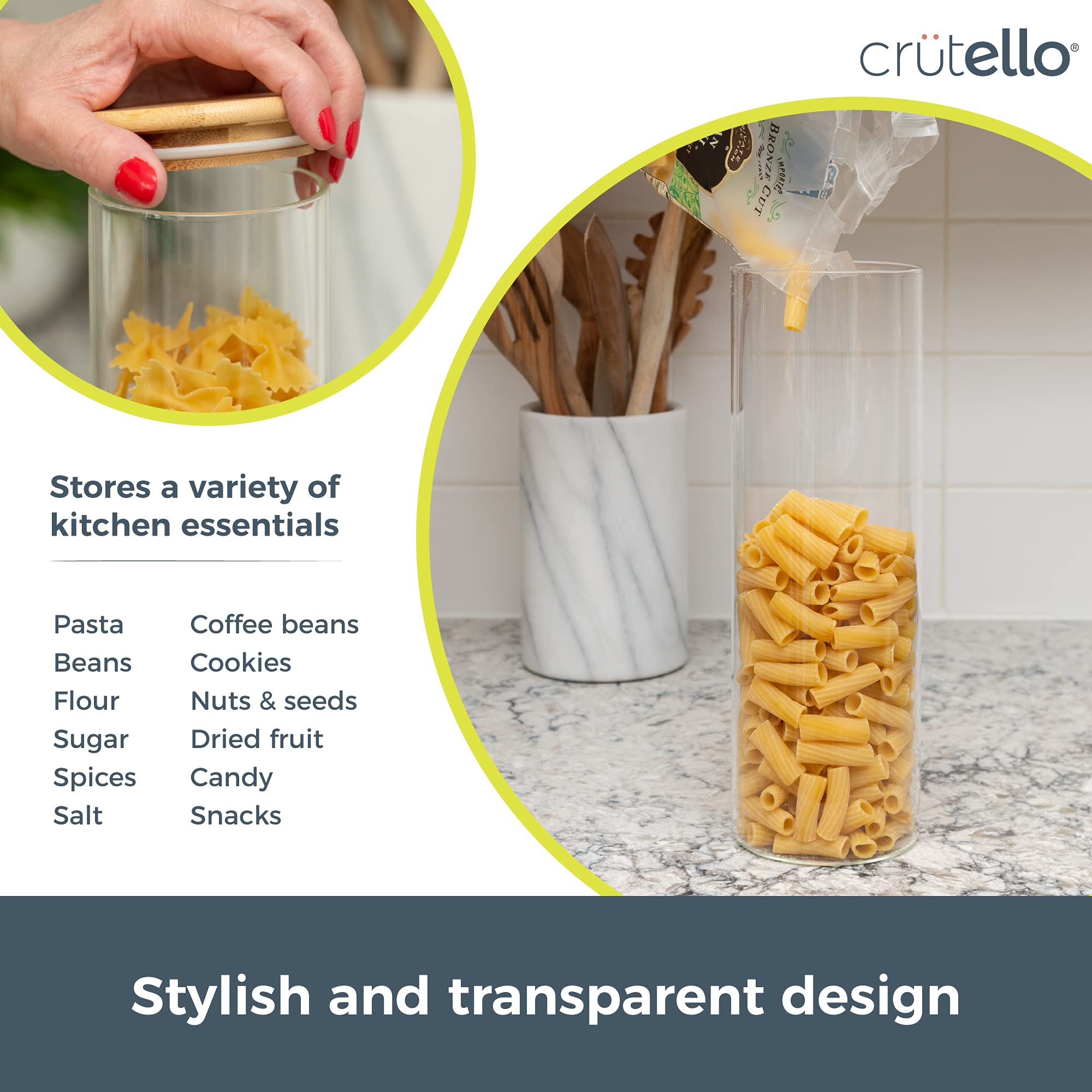 Crutello Glass Food Storage Containers with Bamboo Lids, 3 Pack - 72 Fluid oz Airtight Clear Kitchen Organization Canisters - A Family-Owned American Brand