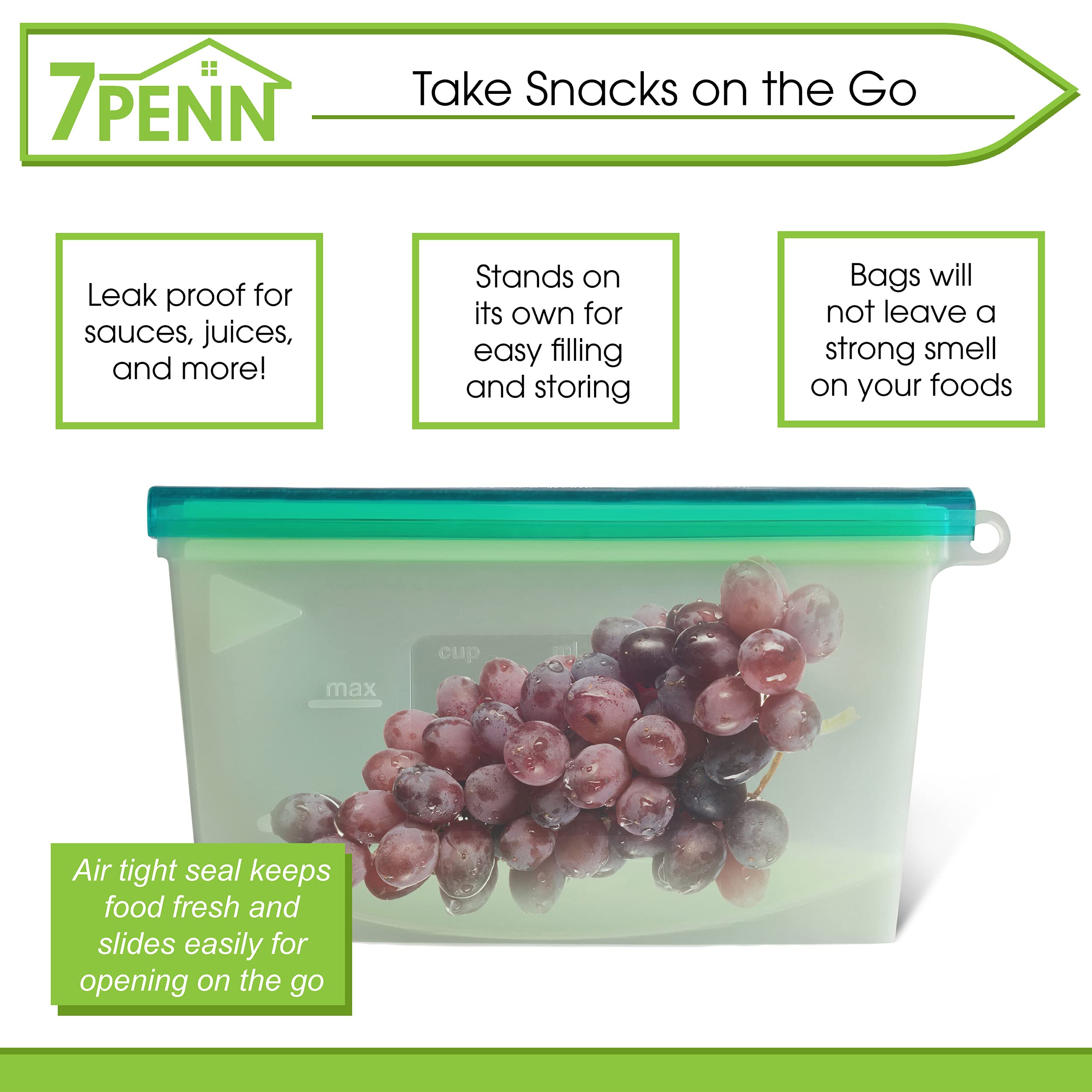 7Penn Silicone Food Storage Bag, 500mL - 1pk Washable 7.75 x 4in Green Reusable Food Bags for Sandwiches and Snacks