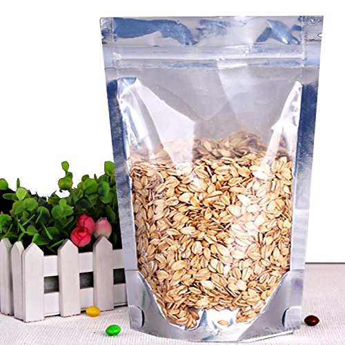 MTP 100 Pack of 8x12+3" (20x30+8cm) Jumbo Large Clear/Foil Stand UP SUP Airtight Zipper Pouch Bag - Clear Front Aluminum Foil Backing Heat Sealable Zip Lock Matallic Food Save Pounches (100)
