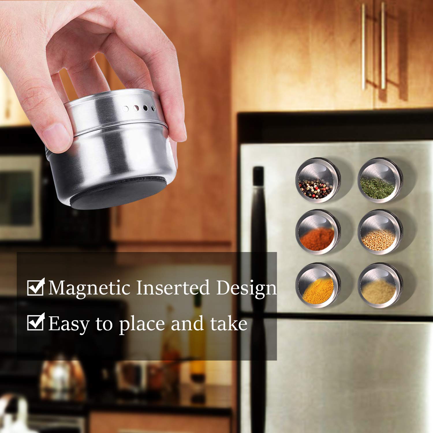 Beeyoka Magnetic Spice Jars,12 Pcs Stainless Steel Spice Tins with Lid and Small Holes for Sprinkle Rust Free Easy to Clean Includes 94 Labeling Stickers
