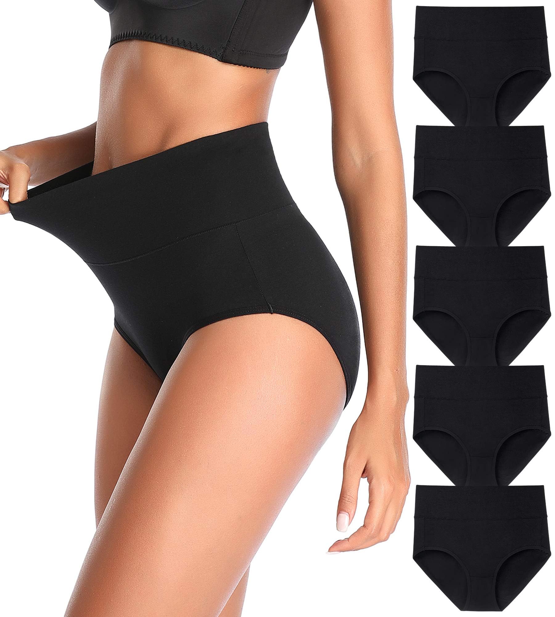 QOVOQ Women's High Waist Cotton Underwear Stretch Briefs Soft Comfy Ladies Panties MultiPack Black