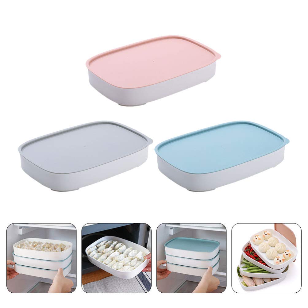 Hemoton 3Pcs Refrigerator Food Storage Container with Lid Shallow Stackable Bacon Keeper Fruit Vegetable Case Holder Airtight Dumpling Box for Egg Meat (Mixed Color)
