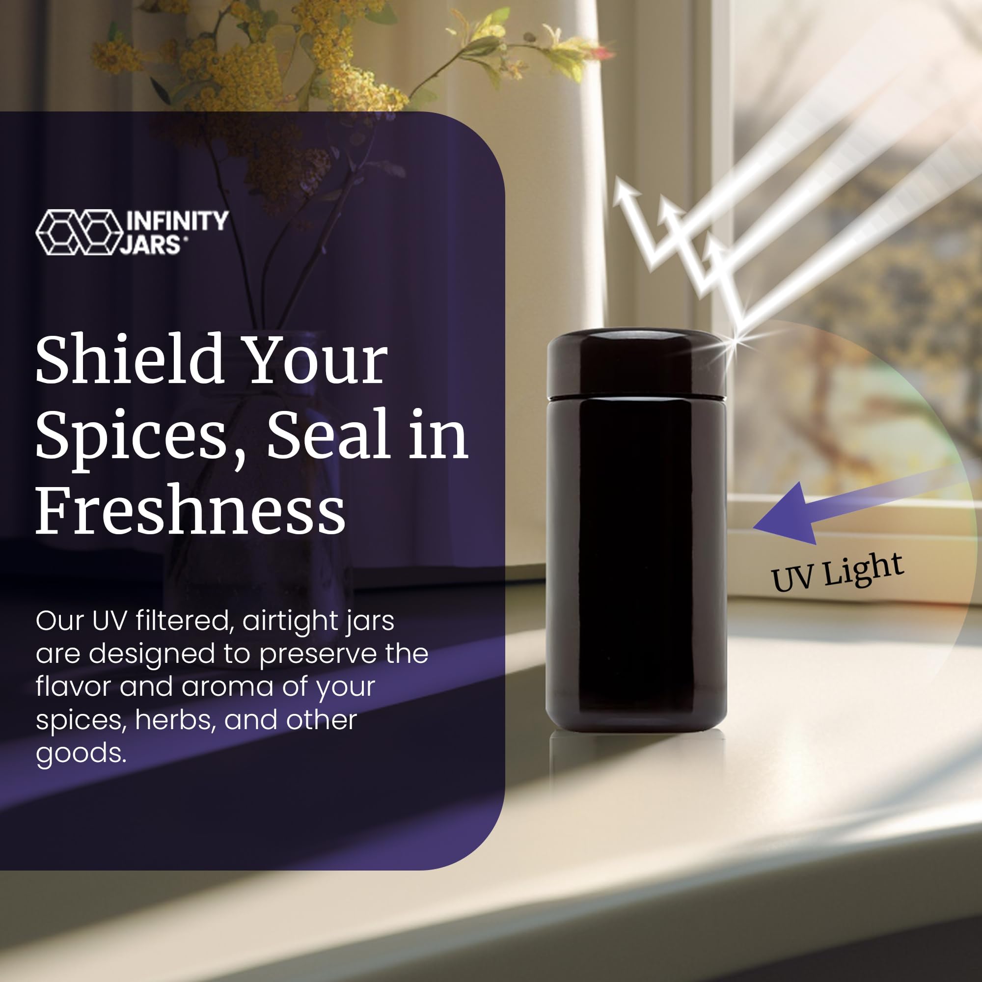 Infinity Jars Tall Screw top Jar, Black Glass Jar 100 Ml (3.3 fl oz) Ultraviolet Airtight Tall Jar Smell Proof, Refillable Container, For Long Term Storage Coffee, Tea, Dried Goods Jar For Kitchen