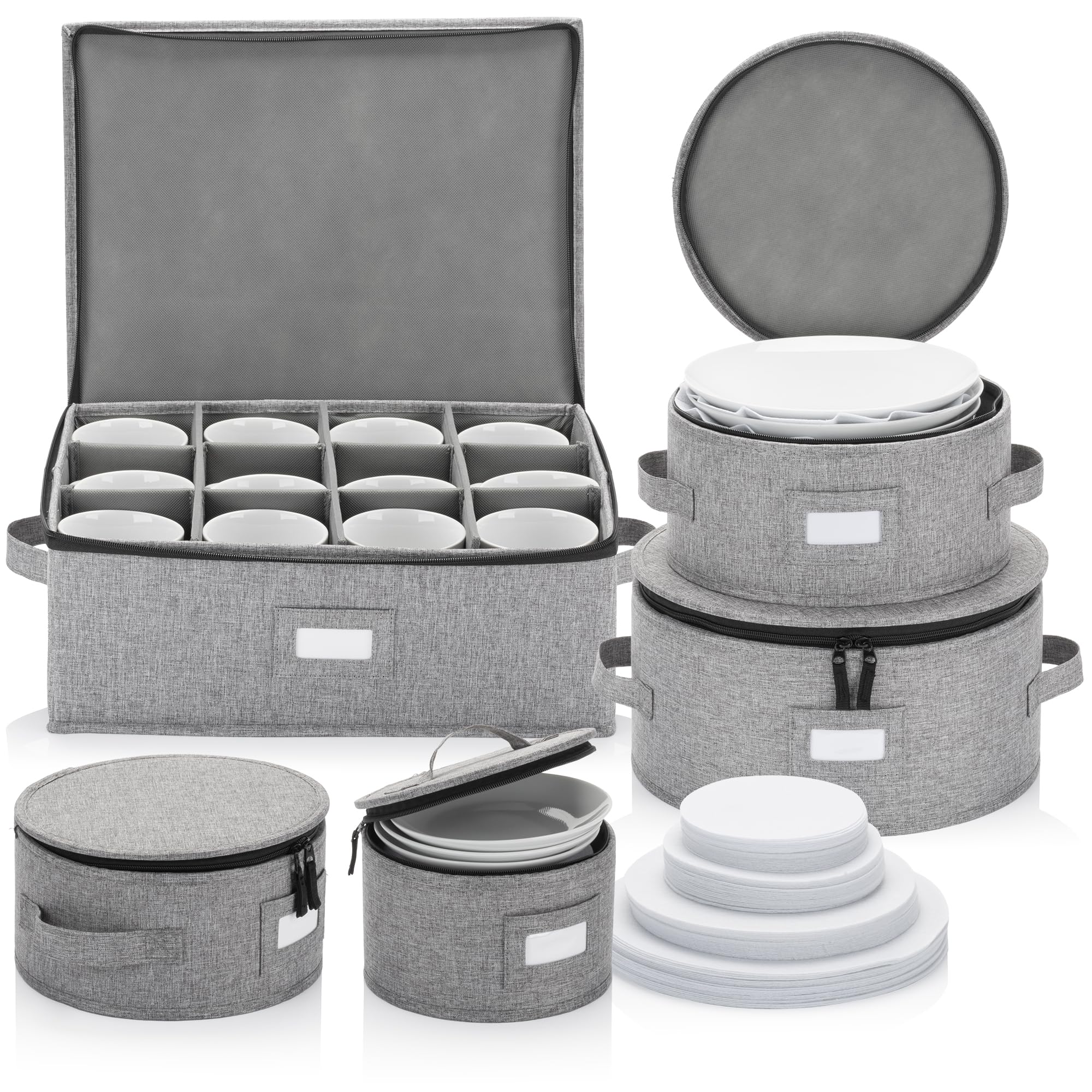 China Storage Set for Plates, Cups and Mugs - 5 pc set - Hard Shell and Stackable, Fully Padded Interior, 48 Plate Dividers Included