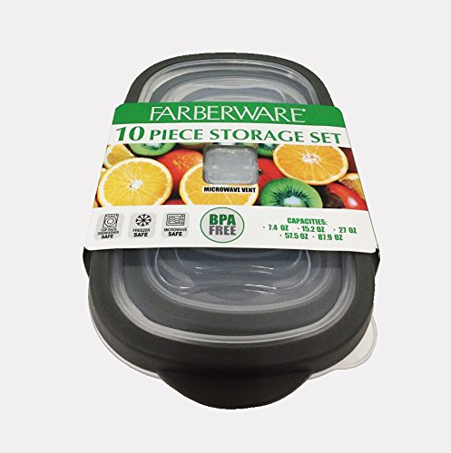 FARBERWARE 10 Piece Plastic Rectangle 'Vented' Nesting Food Storage Set, Gray