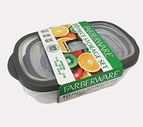 FARBERWARE 10 Piece Plastic Rectangle 'Vented' Nesting Food Storage Set, Gray