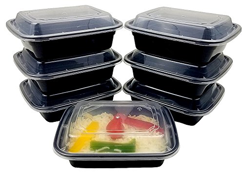 PACTOGO 12 oz. Rectangular Microwaveable Black Plastic Disposable Food Storage Containers with Lids - BPA Free (Pack of 10 Sets)
