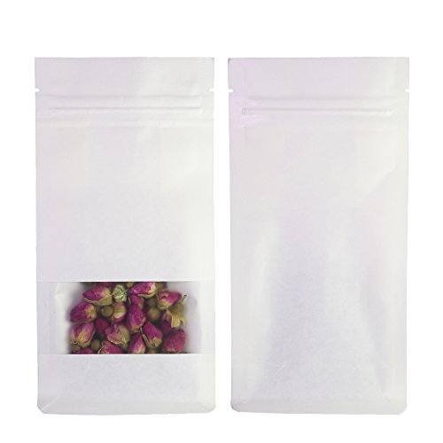 QQ Studio Pack of 100 White Kraft Side Gusset Flat Bottom w/Translucent Display Window Stand-Up Zip Seal Bags (10x20+6cm (3.9x7.8+2.3"))