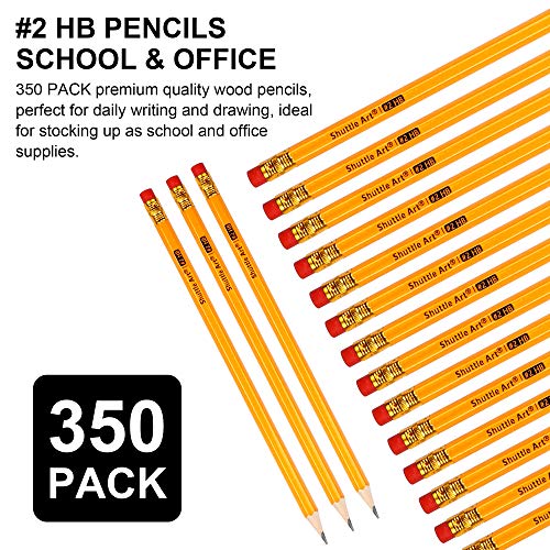 Shuttle Art Wood-Cased #2 HB Pencils, 350 Pack Sharpened Yellow Pencils with Erasers, Bulk Pack Graphite Pencils for School and Teacher Supplies, Writhing, Drawing and Sketching