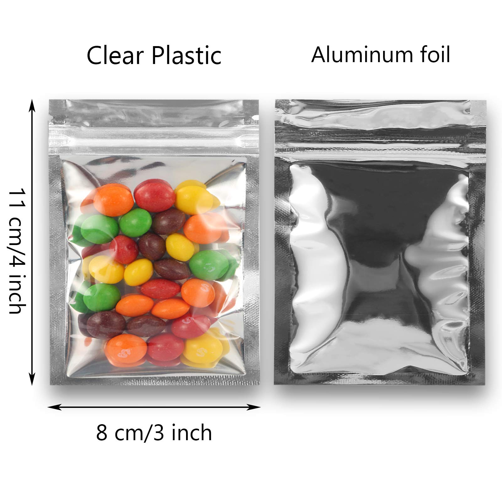 Resealable Mylar Bags | 100 Pcs 3 X 4 Inch | Smell Proof Ziplock Bag Heat Seal Cute Packaging Foil Food Sealable Small Front Clear Plastic Silver for Storage Candy Beef Jerky Jewerly Product