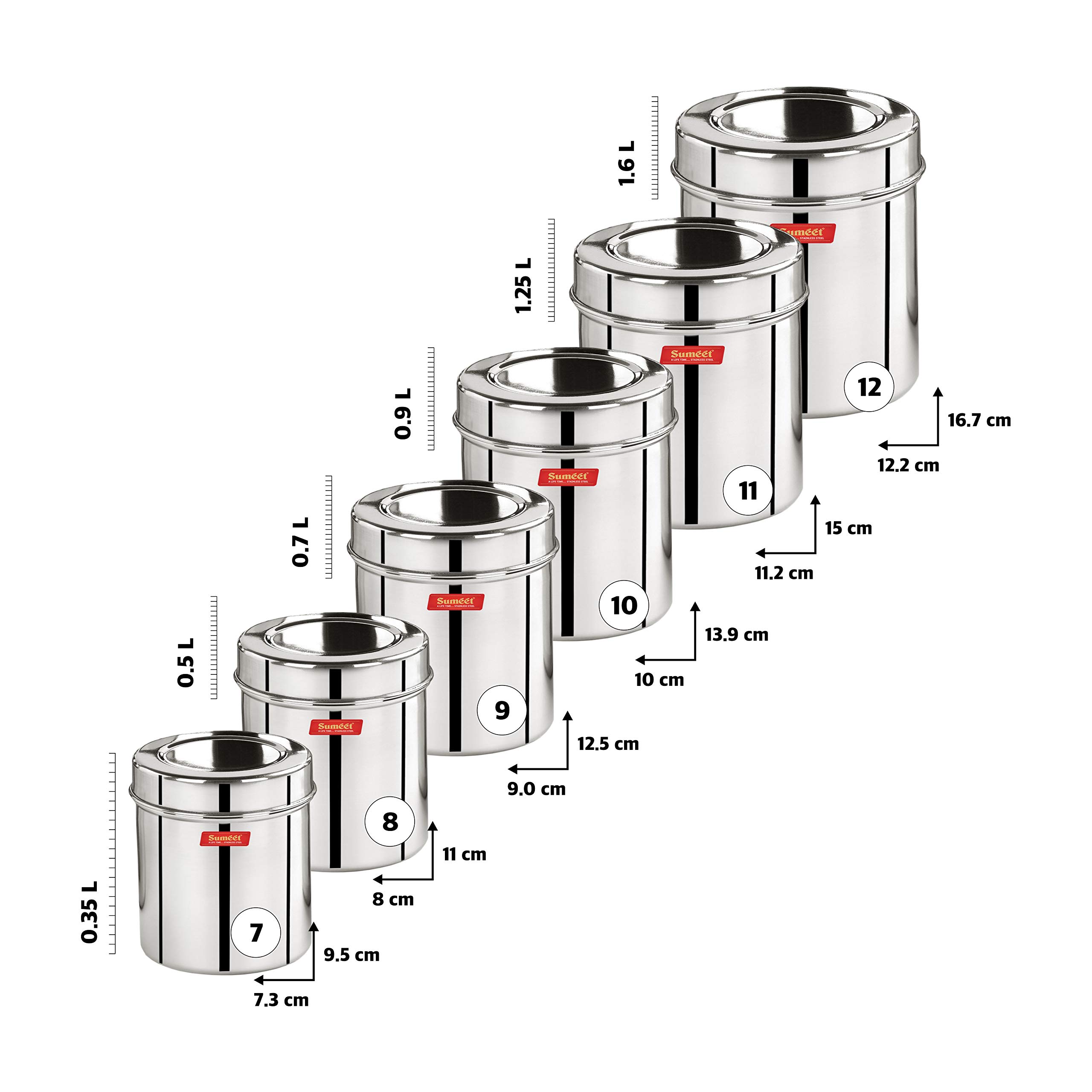 Sumeet Stainless Steel Vertical Canisters/Ubha Dabba/Storage Containers Set of 6Pcs (350ML, 500ML, 700ML, 900ML, 1.25Ltr, 1.6Ltr)
