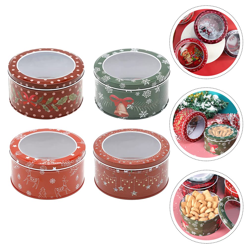 Cabilock 4pcs Christmas Empty Tin Round Metal Tins with Lids Metal Containers for Goodies Chocolate Nuts and Home Storage Cerebrate a Holiday