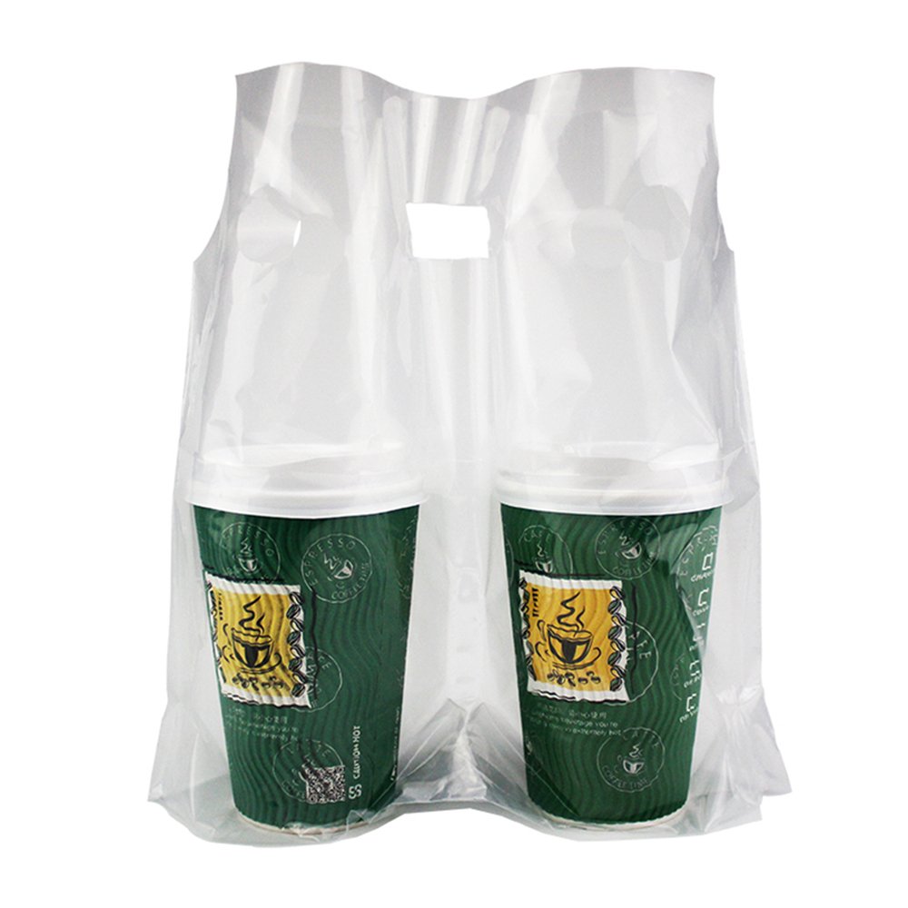 FERENLI 500PCS Clear Handle Drink Drinking Plastic Packaging Bags for Shops Stores Dining Hall Portable Beverage Milk Juice Water Carrier Containers Hanging Hole Liquid Pouches 12.2x11 inch