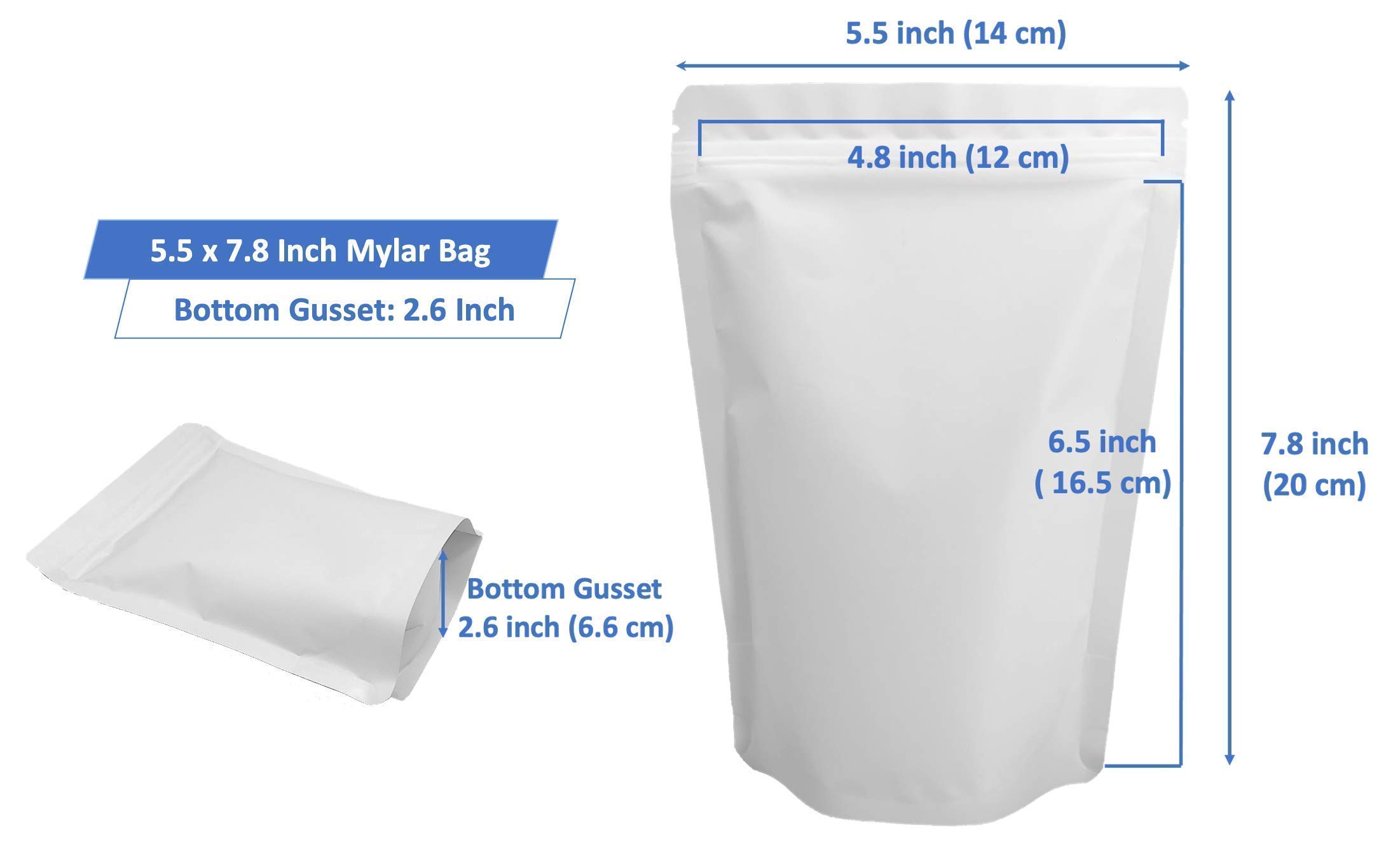 100 Pack 5.5x7.8 Inches Matte White and 100 Pack 6.3x9.4 Inches Matte Black Mylar Stand Up Bags