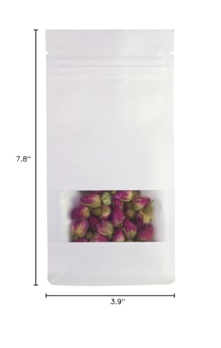 QQ Studio Pack of 100 White Kraft Side Gusset Flat Bottom w/Translucent Display Window Stand-Up Zip Seal Bags (10x20+6cm (3.9x7.8+2.3"))