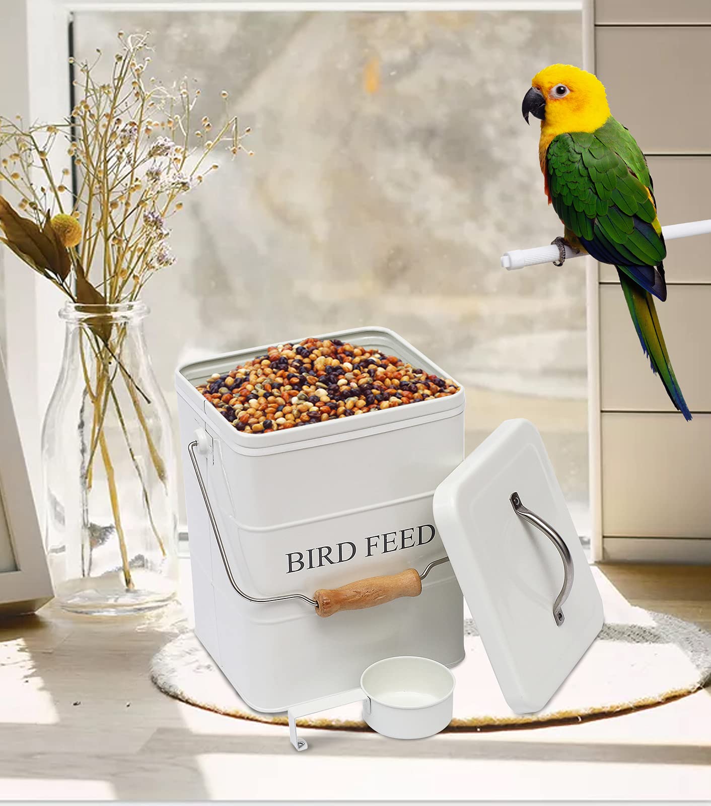 Morezi Bird Seed and Feed Storage tin with lid Included - White-Coated Carbon Steel - Tight Fitting lids - Storage Canister tins - White