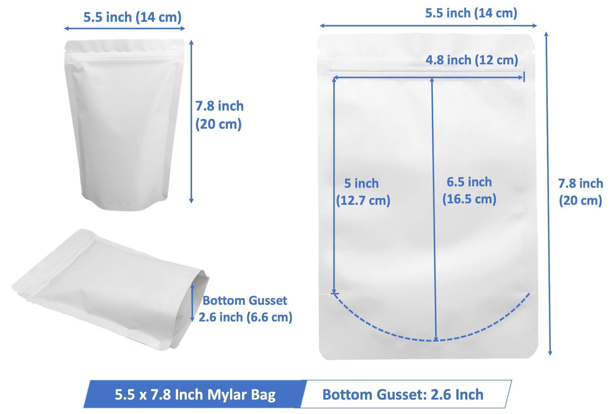 100 Pack 5.5x7.8 Inches Matte White and 100 Pack 6.3x9.4 Inches Matte Black Mylar Stand Up Bags