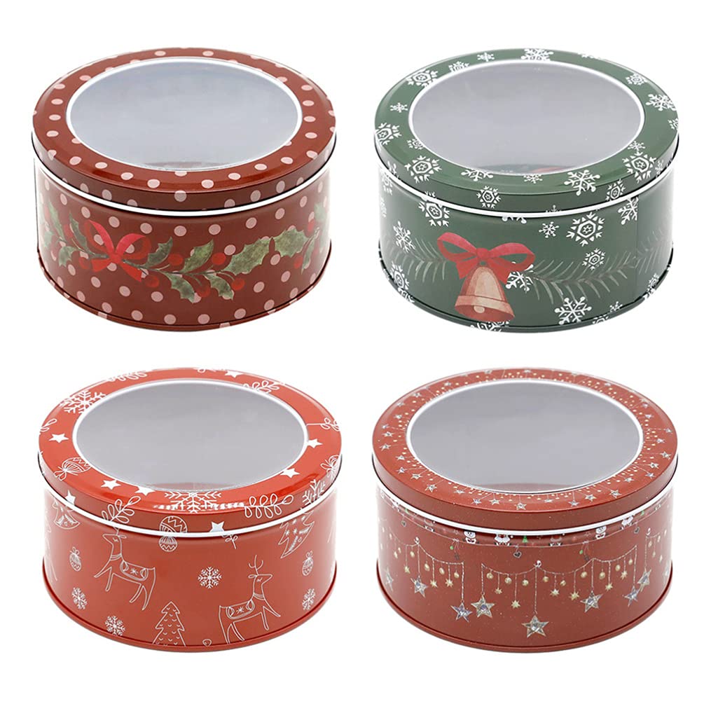 Cabilock 4pcs Christmas Empty Tin Round Metal Tins with Lids Metal Containers for Goodies Chocolate Nuts and Home Storage Cerebrate a Holiday