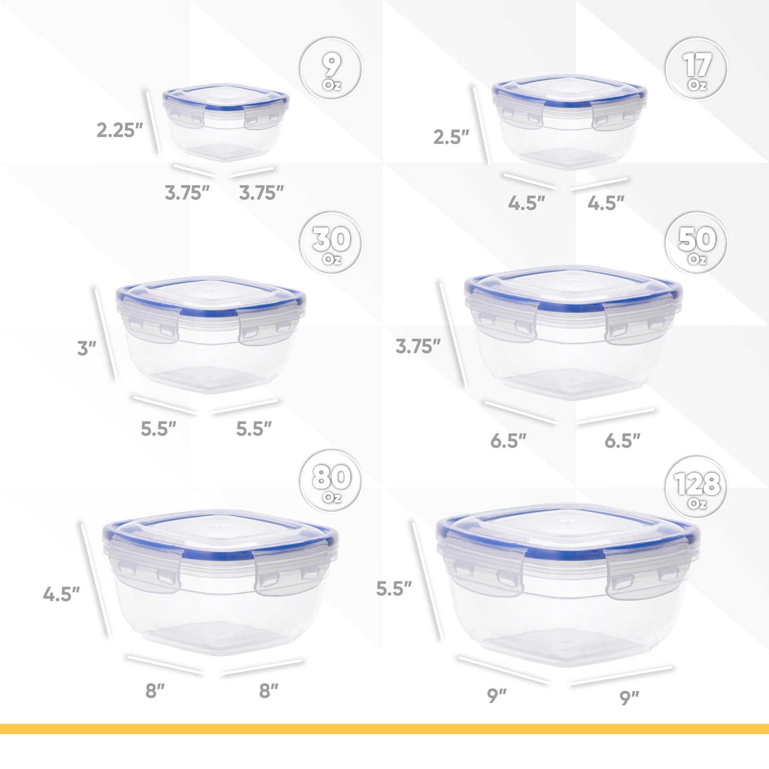 Superio Sealed Plastic Food Storage Container - Airtight, Leakproof Meal Prep Containers with Easy Snap Lid- Microwave and Freezer Safe- Square (6)