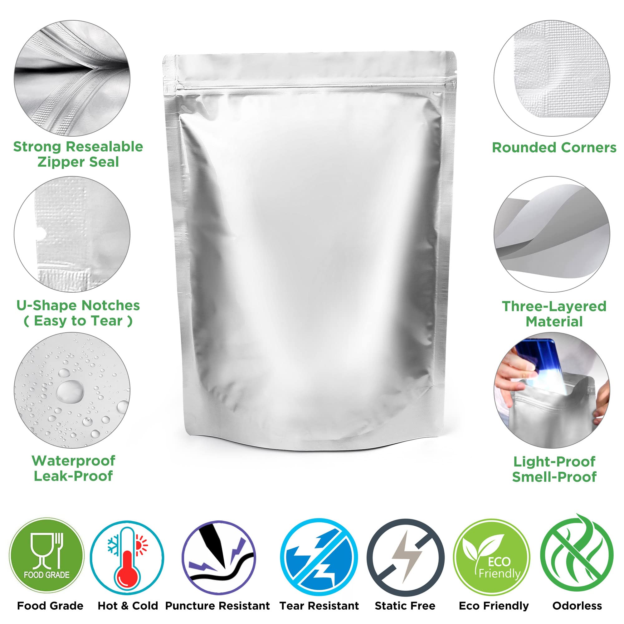 Food Container Storage Mylar Bags, 100 Pcs with Oxygen Absorbers and Labels, Resealable Ziplock Bags for Heat Sealable, 3 Sizes (Gallon, Quart, Small), Thick 8.6 Mil