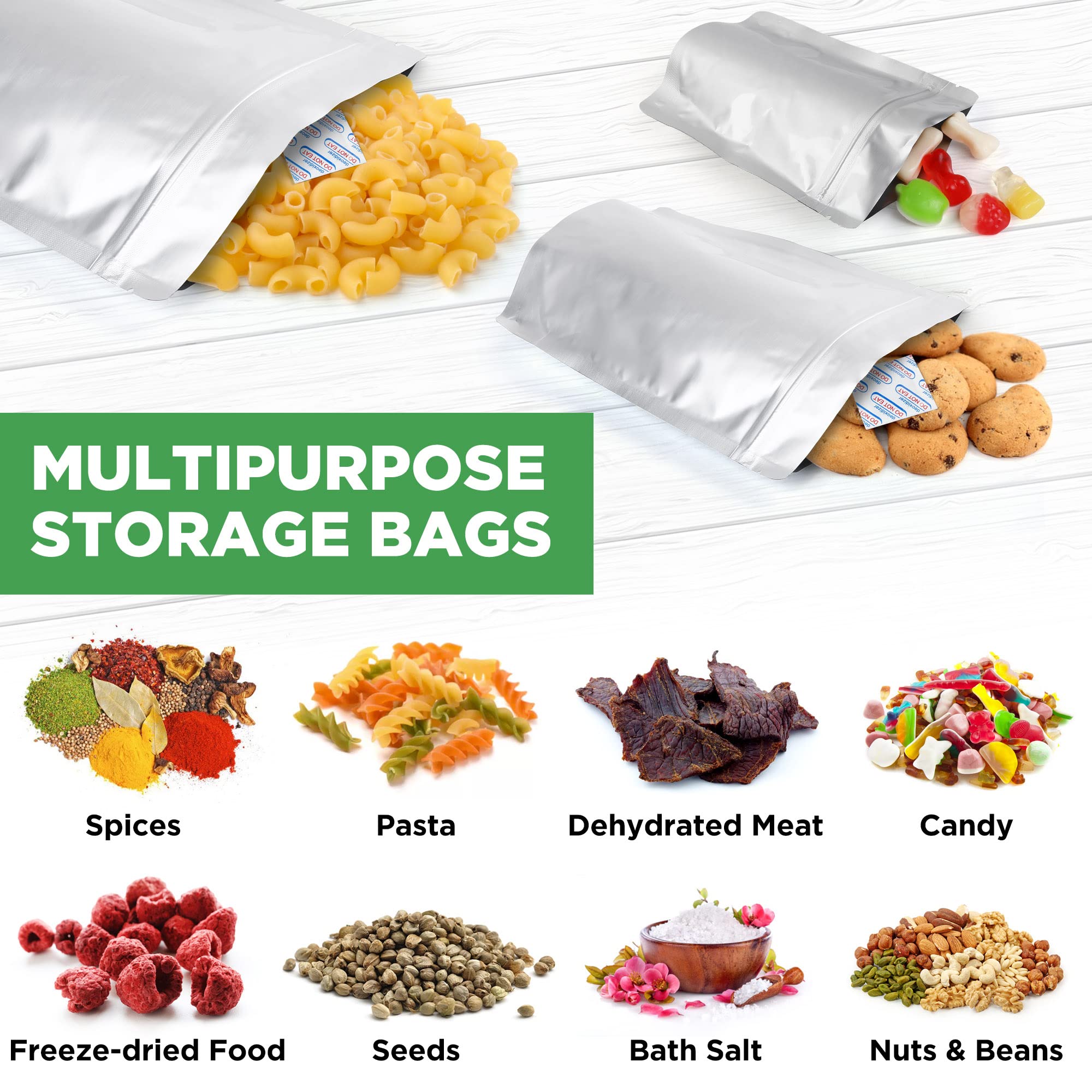 Food Container Storage Mylar Bags, 100 Pcs with Oxygen Absorbers and Labels, Resealable Ziplock Bags for Heat Sealable, 3 Sizes (Gallon, Quart, Small), Thick 8.6 Mil