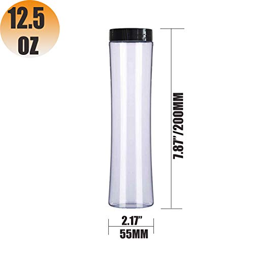 12.5oz (360 ml 12 Pack) Clear Empty Plastic Sensory Bottles with Smooth Lids and Labels - Round Plastic Test Tubes with Screw Caps for Party Gum Balls,Event Jelly Beans - BPA Free (Black Lids)