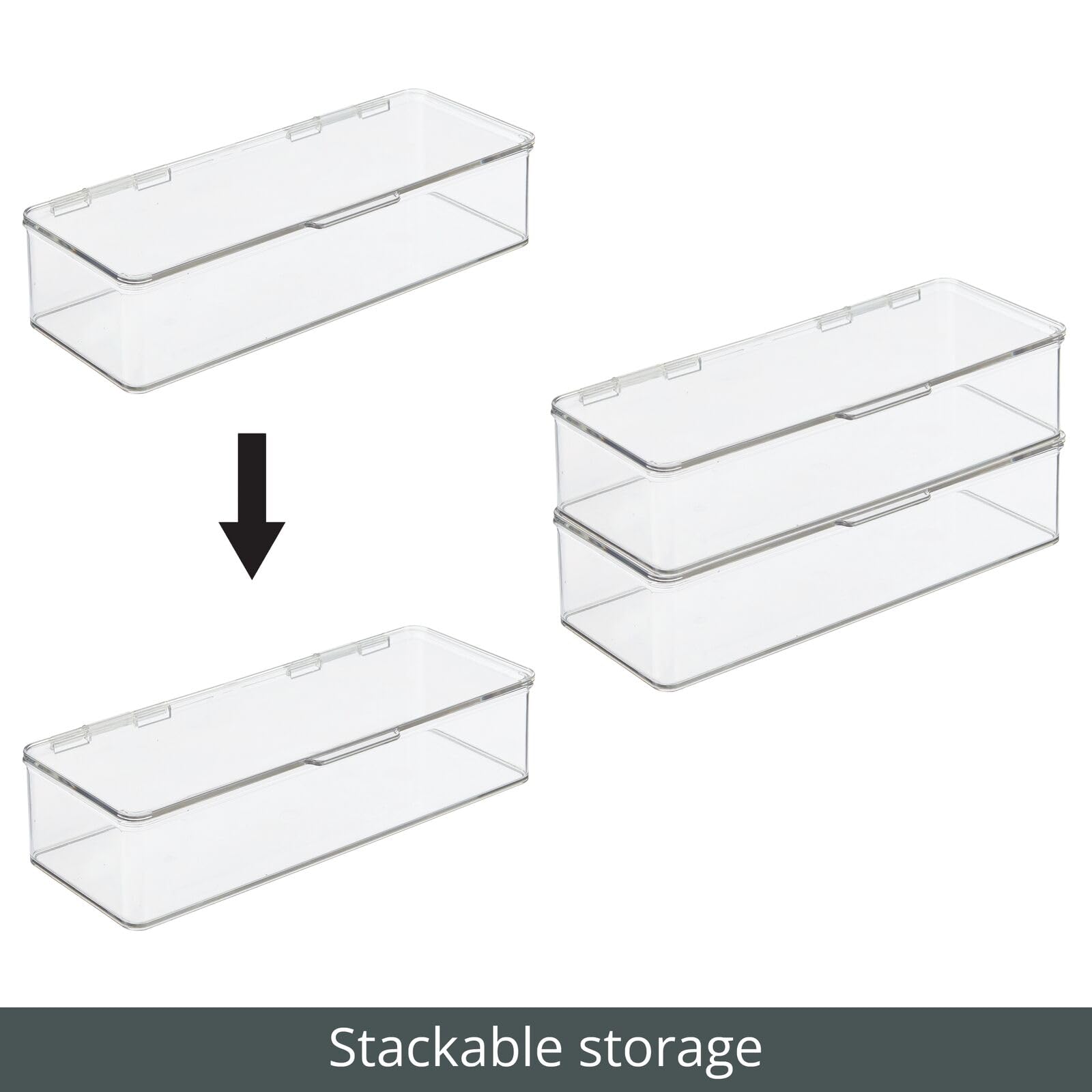 mDesign Long Plastic Kitchen Pantry/Fridge Storage Organizer Box Containers with Hinge Lid for Shelves or Cabinets, Holds Food, Snacks, Seasoning, Condiments, Flatware, Utensils, 2 Pack, Clear