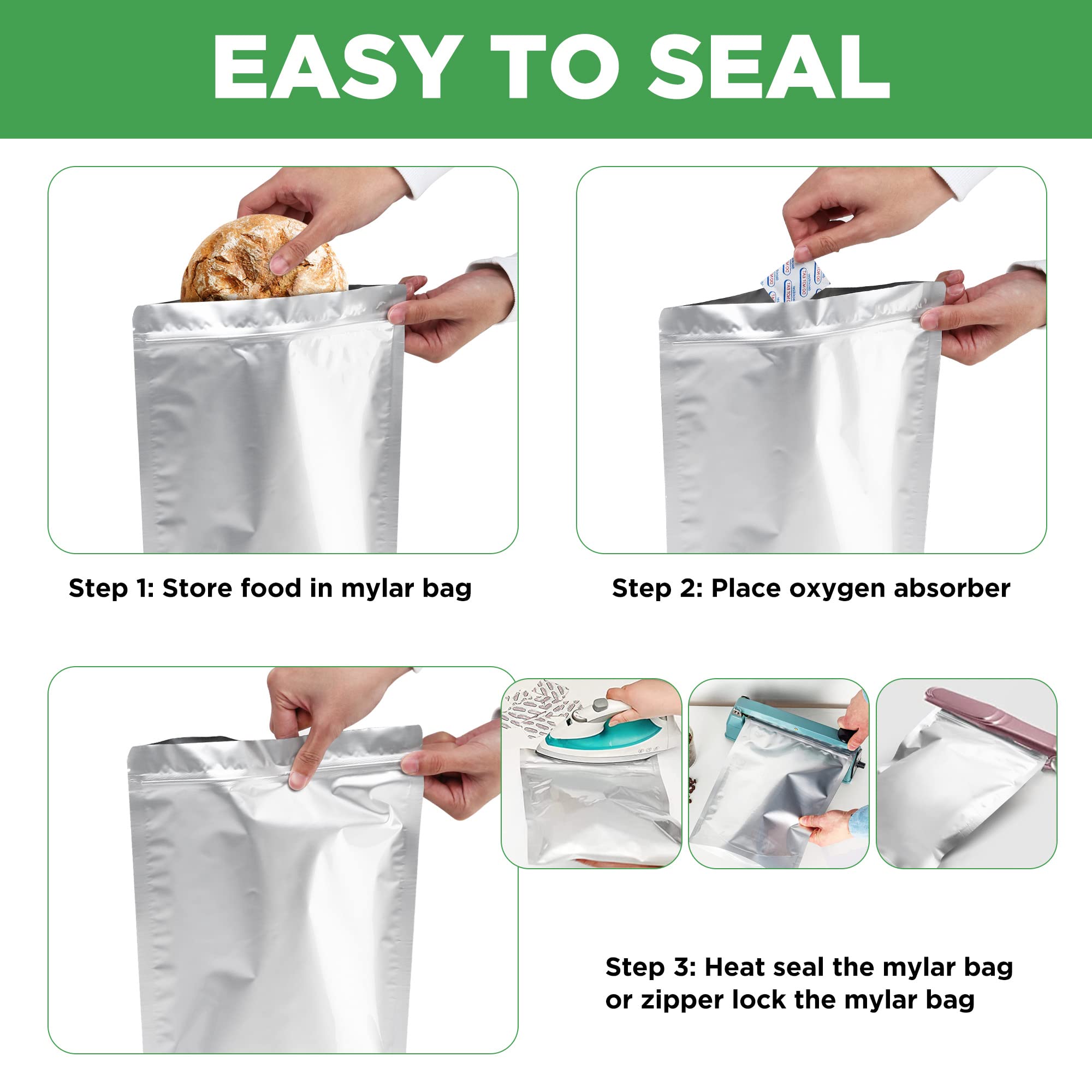 Food Container Storage Mylar Bags, 100 Pcs with Oxygen Absorbers and Labels, Resealable Ziplock Bags for Heat Sealable, 3 Sizes (Gallon, Quart, Small), Thick 8.6 Mil