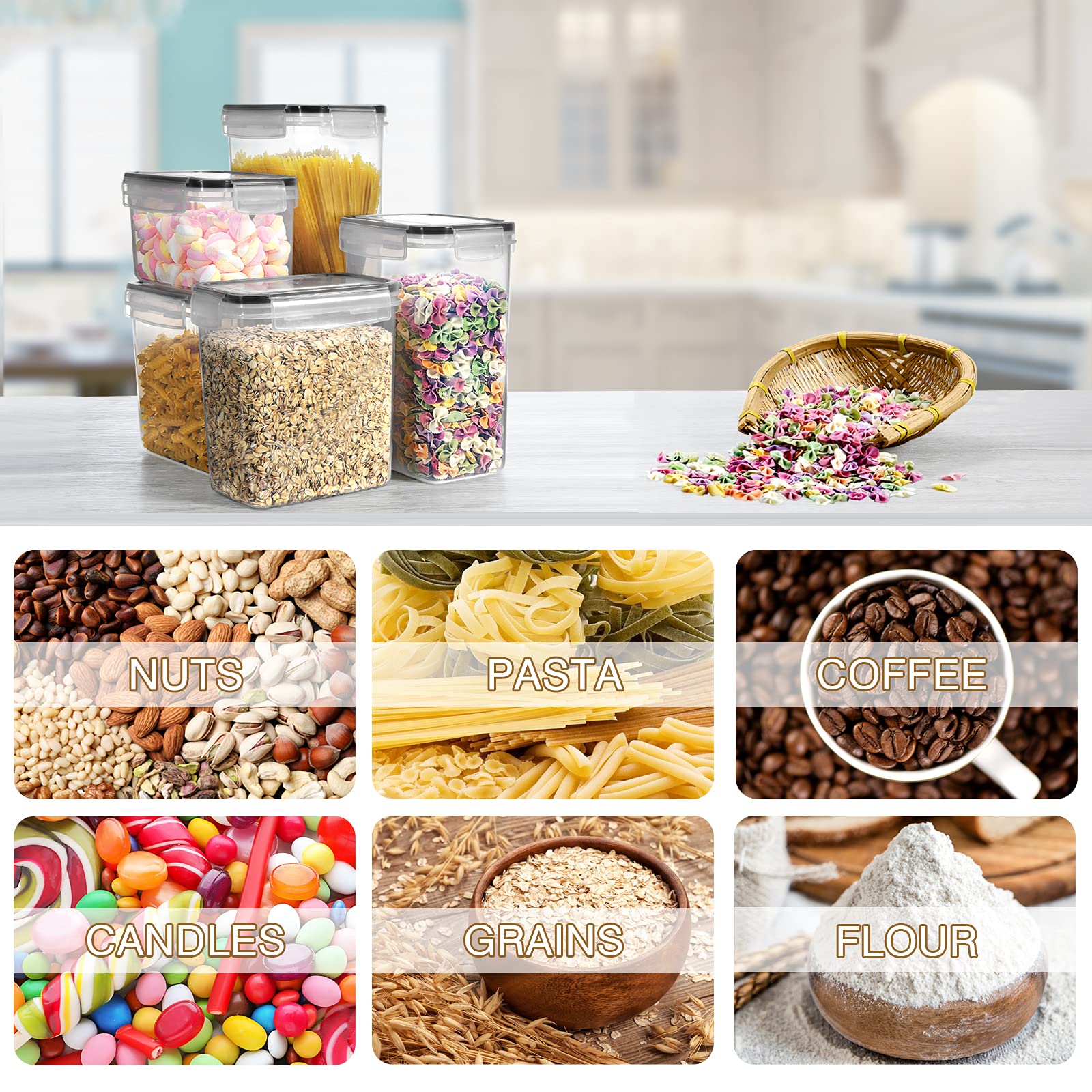 GoMaihe Food Storage Containers 20-Piece, Plastic Food Storage Containers with lids Airtight, Cereal Containers Storage set Suitable for Food, Cereal, Kitchen Pantry Organization and Storage, Black