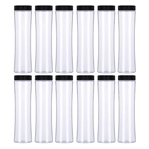 12.5oz (360 ml 12 Pack) Clear Empty Plastic Sensory Bottles with Smooth Lids and Labels - Round Plastic Test Tubes with Screw Caps for Party Gum Balls,Event Jelly Beans - BPA Free (Black Lids)