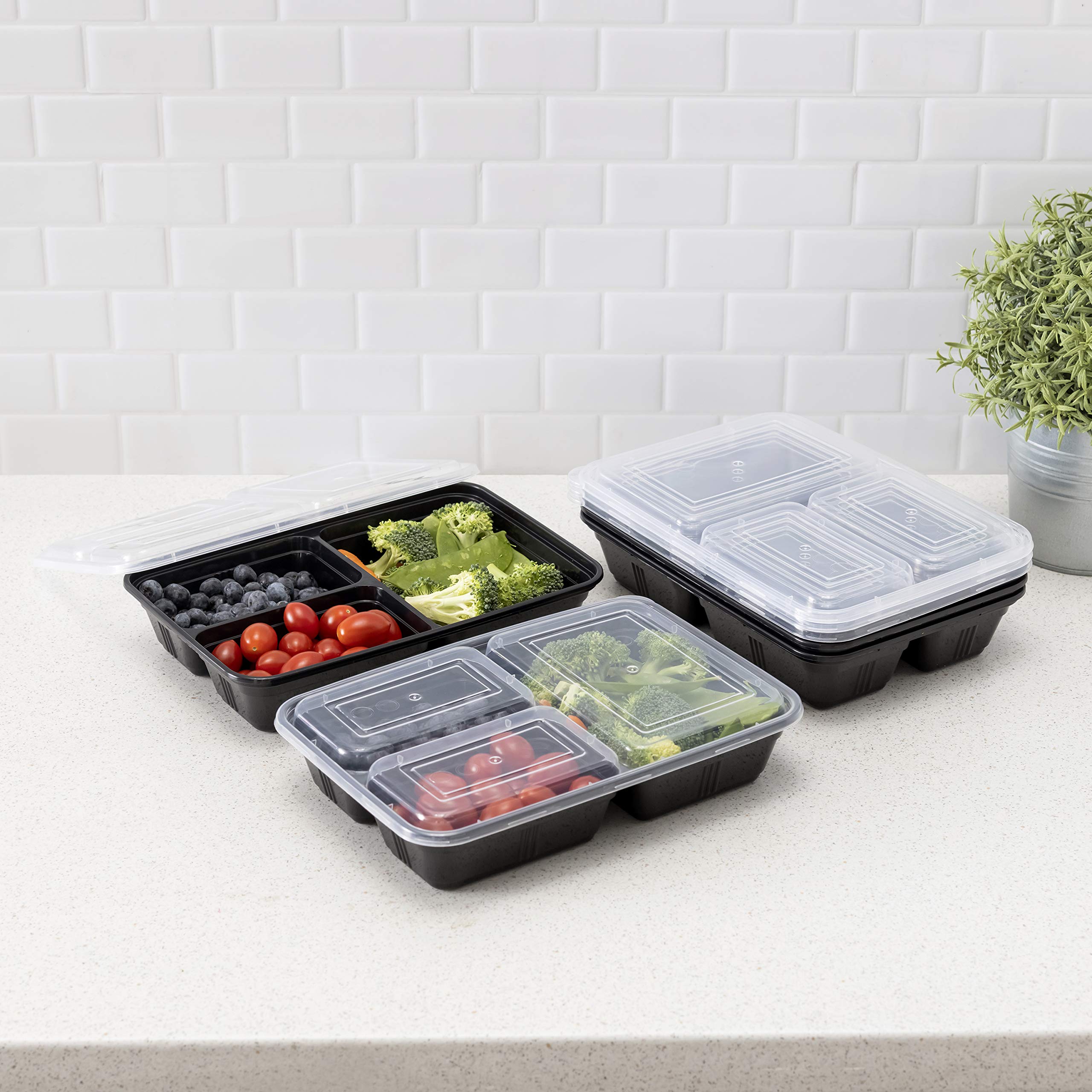 Home Basics 10 Piece BPA-Free Plastic Meal Prep Containers, Black (3 Compartments)