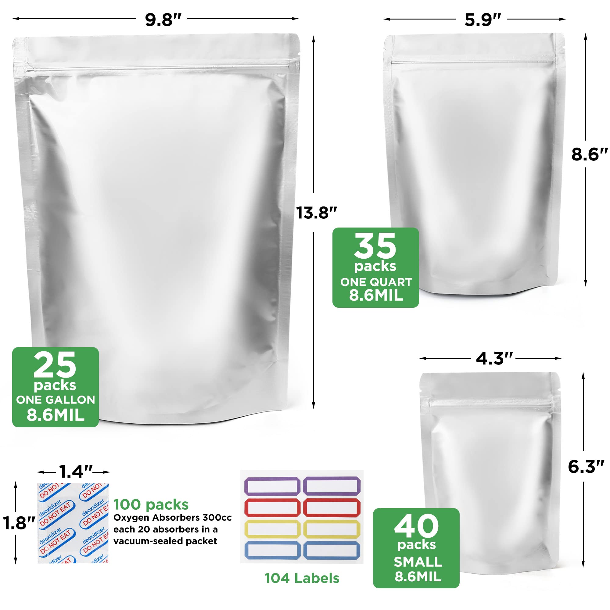 Food Container Storage Mylar Bags, 100 Pcs with Oxygen Absorbers and Labels, Resealable Ziplock Bags for Heat Sealable, 3 Sizes (Gallon, Quart, Small), Thick 8.6 Mil