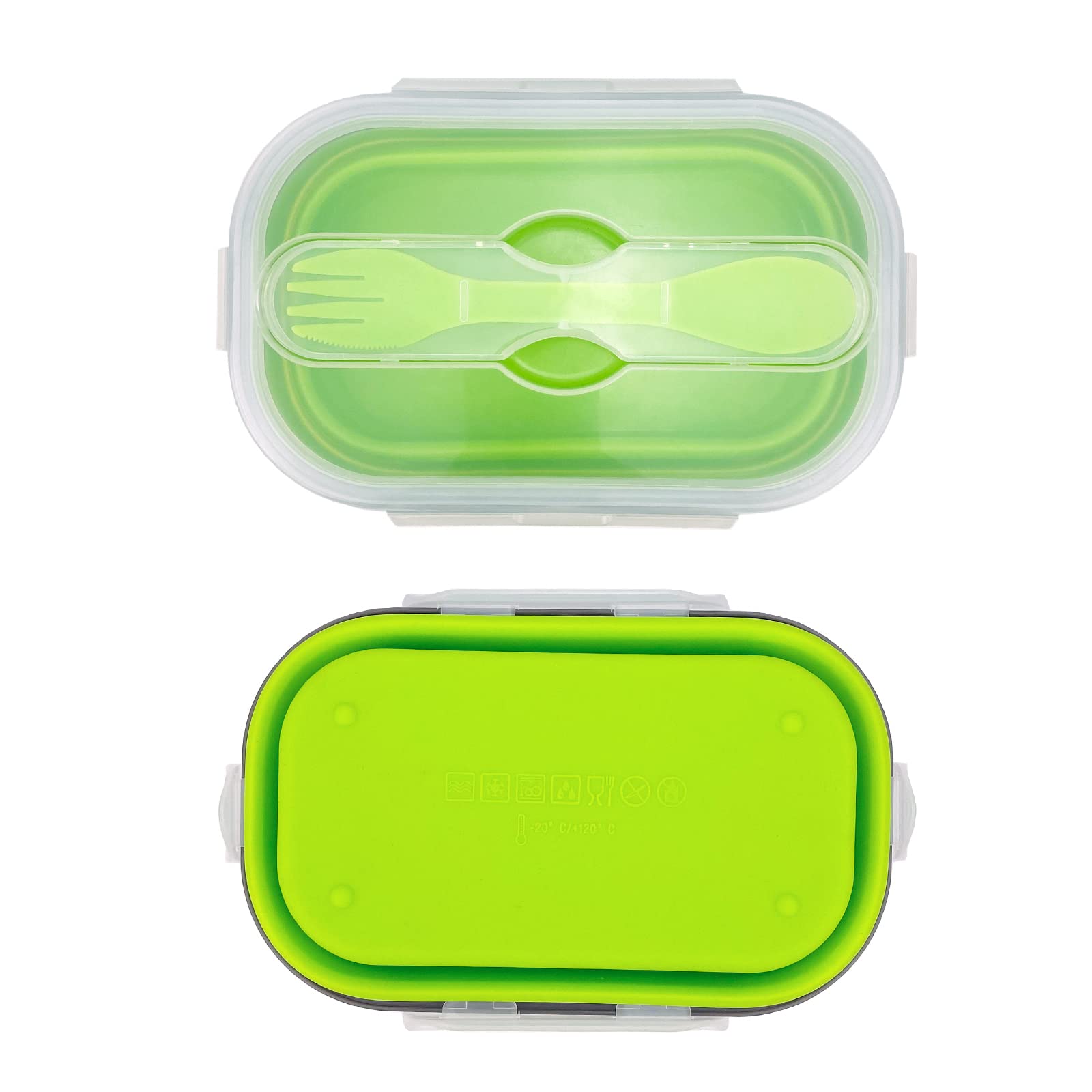 EcoMorning Green Silicone Lunch Container Bento Lunch Box Collapsible Food Storage Container with Airtight Lid and Fork, Ideal For Lunch, Camping, 800ML