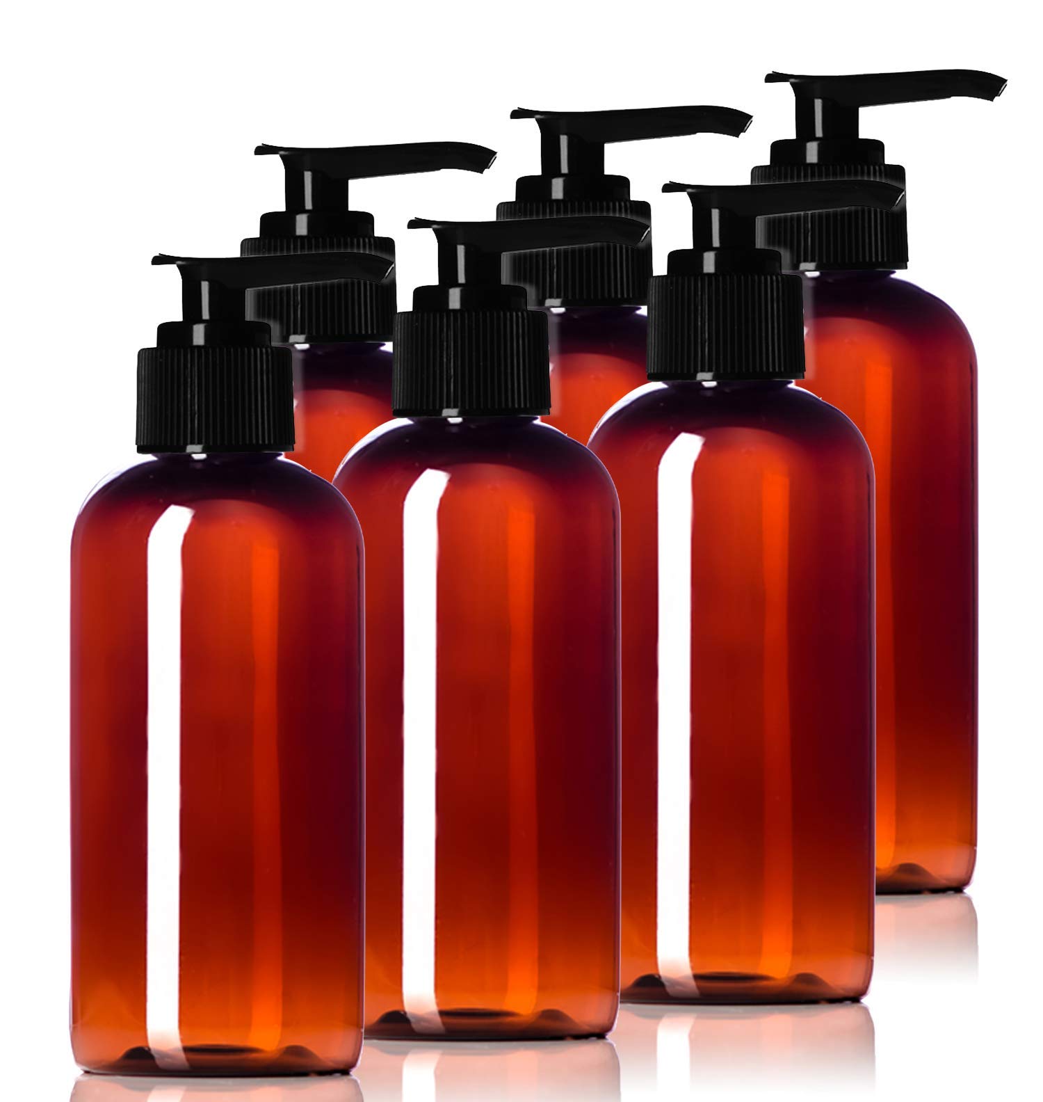 4oz Plastic Amber Bottles (6 Pack) BPA-Free Squeeze Containers with Pump Cap, Labels Included