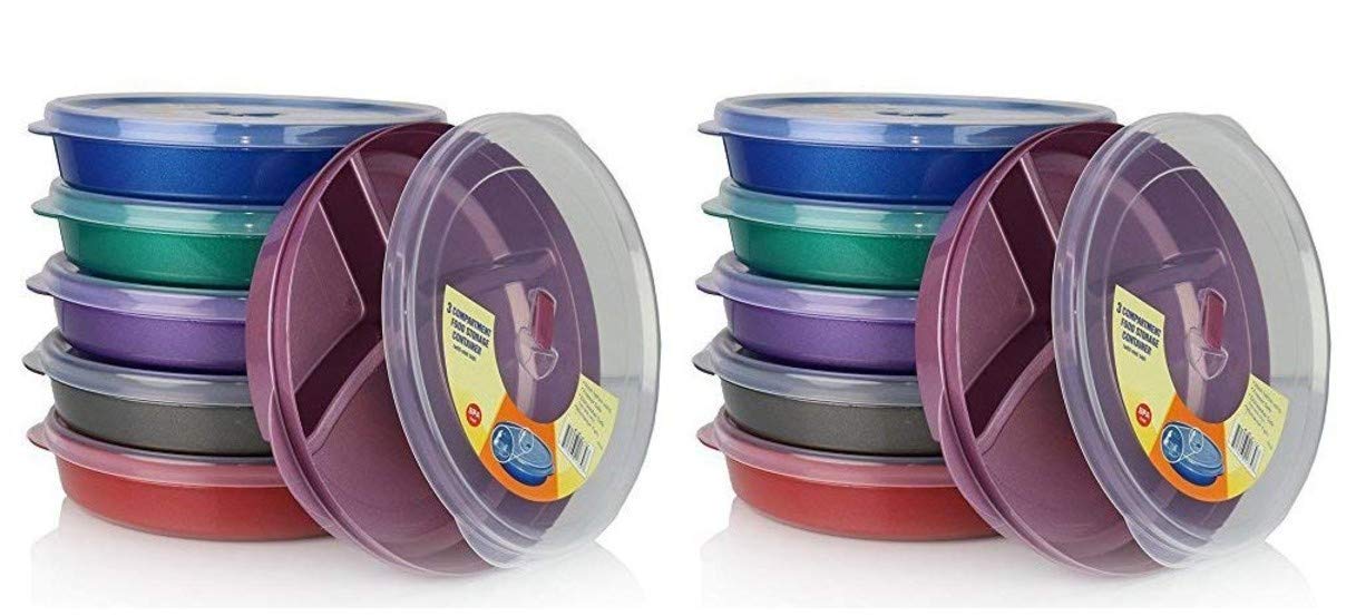 REGENT Microwave Food Storage Tray Containers - 3 Section / Compartment, Plain, Set of 12