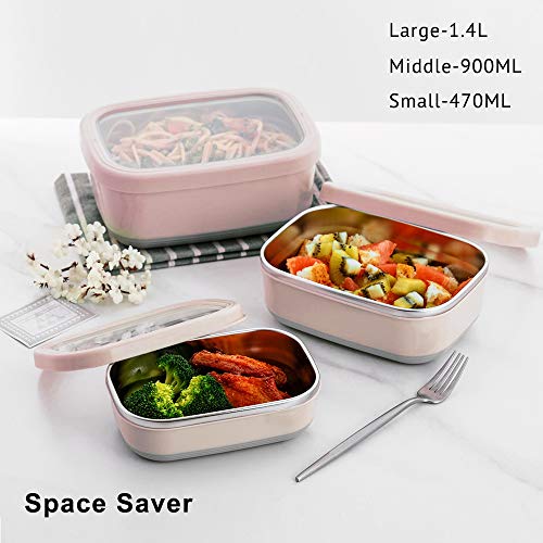 Lille Home Leak Proof Stainless Steel Lunch Snack Containers Set - Ideal for Educational Settings and Daycare - Nesting Trio with Silicone Lids - 47oz+30oz+16oz - Pink