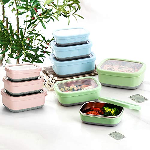 Lille Home Leak Proof Stainless Steel Lunch Snack Containers Set - Ideal for Educational Settings and Daycare - Nesting Trio with Silicone Lids - 47oz+30oz+16oz - Pink
