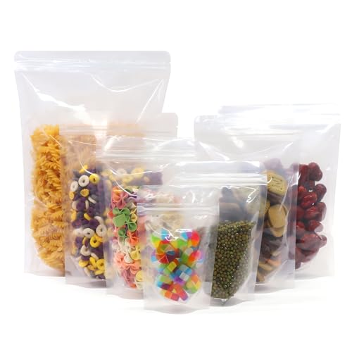 SumDirect 100pcs 5.1x7.8 Inches Clear Stand Up Food Bags, Resealable Zipper Stand-up Reusable Food Pouches Snack Packing Bag with Tear Notch Heat Resealable for Storing, Cookie, Snack Tea and Drinking