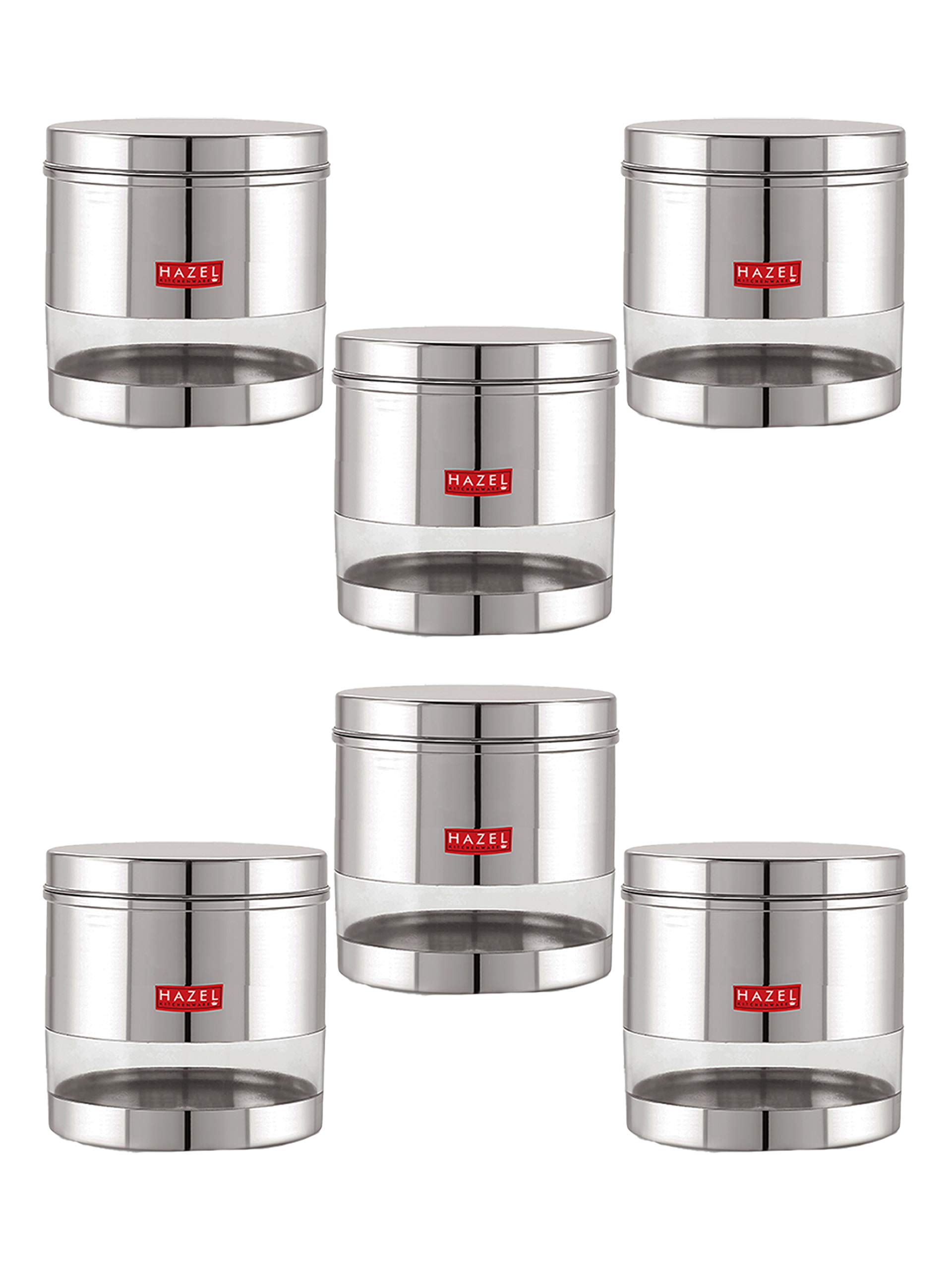 HAZEL Stainless Steel Containers Set For Kitchen Storage Transparent See Through Glossy Finish Storage Jars Dabba, Set of 6, 1500 ML Each, Silver