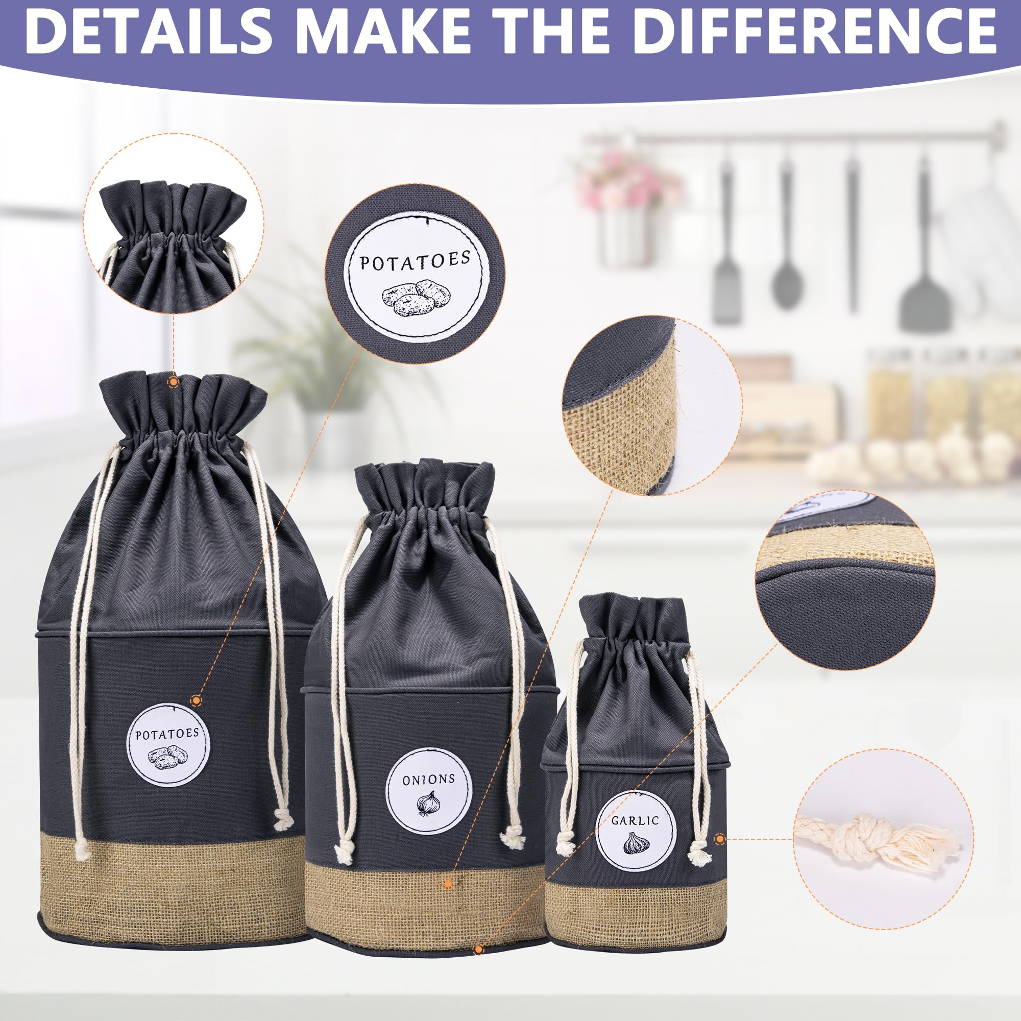 MERAKI HOME Potato Onion Garlic Storage Containers - Farmhouse Kitchen Storage Organization Pots - Sustainable Jute Cotton Vegetable Baskets Bins - Drawstring Holder