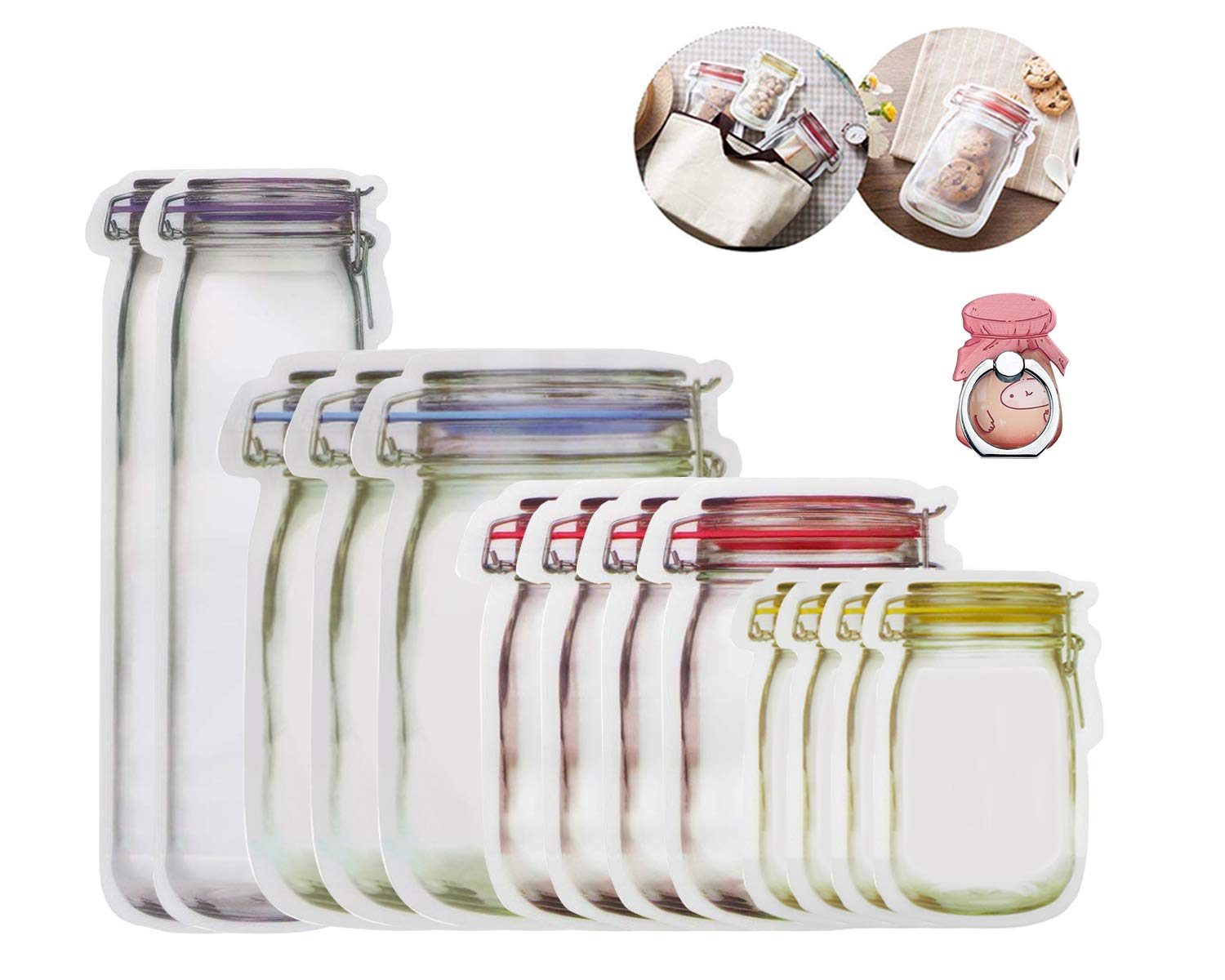 RRJQW Mason Jar Zipper Bags, Reusable Plastic Food Storage Bags with Flip Top Closure, Airtight Seal, Leakproof, Microwaveable, 13 Pieces (Tallx2+Lx3+Mx4+Sx4), Green, Purple, Yellow, Red