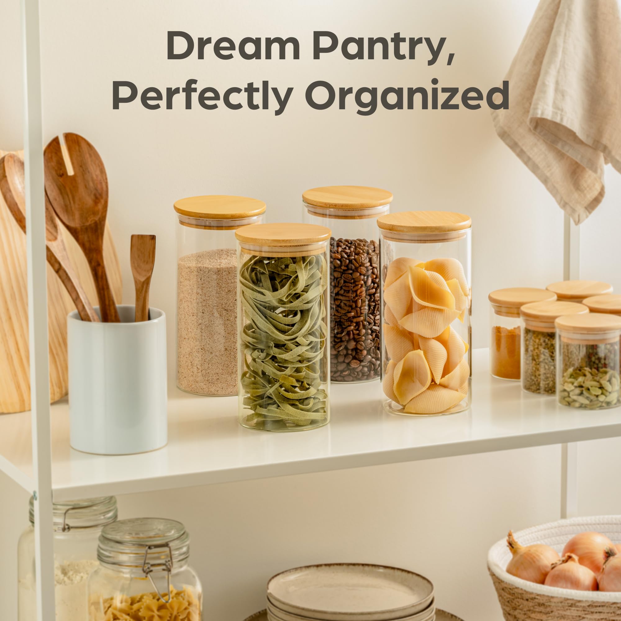 Praknu Glass Food Storage Jars 40oz - Set of 4 Airtight Storage Container with Bamboo Lid - Clear Borosilicate Glass - Dishwasher Safe - Pantry Storage Containers