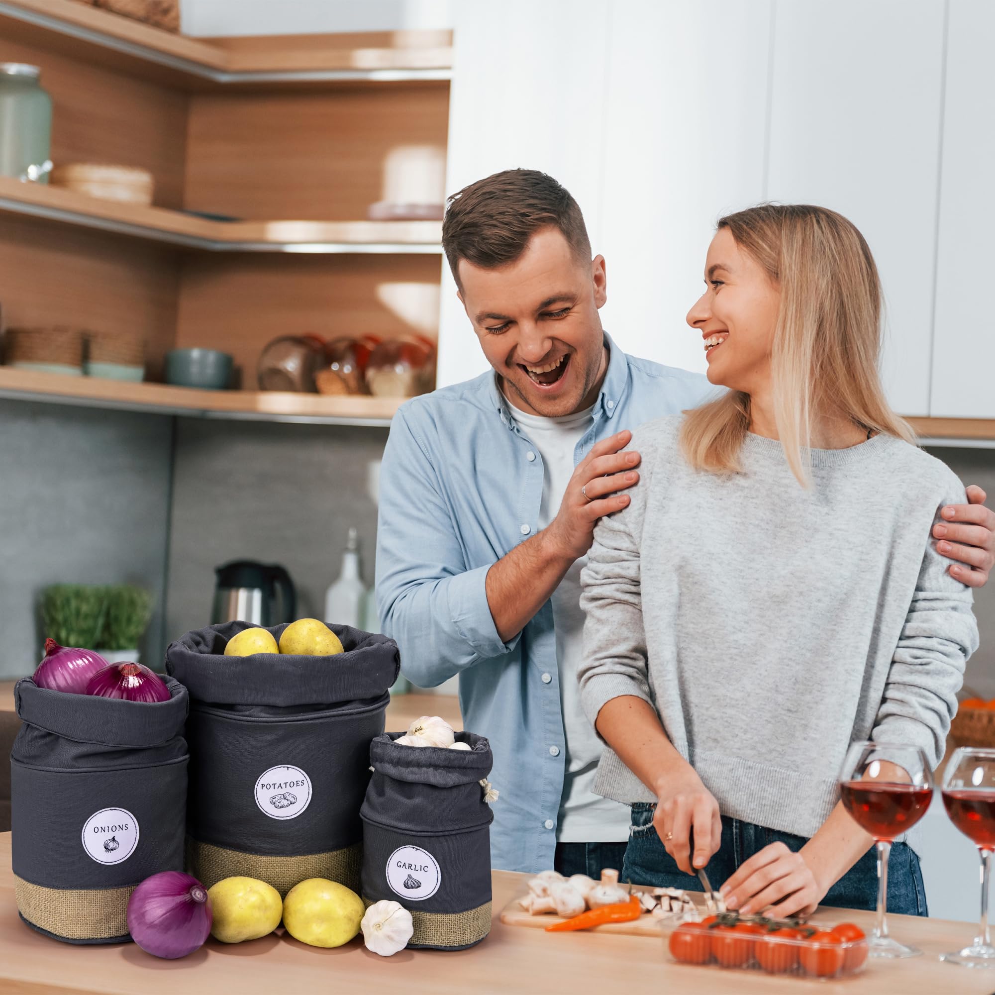 MERAKI HOME Potato Onion Garlic Storage Containers - Farmhouse Kitchen Storage Organization Pots - Sustainable Jute Cotton Vegetable Baskets Bins - Drawstring Holder