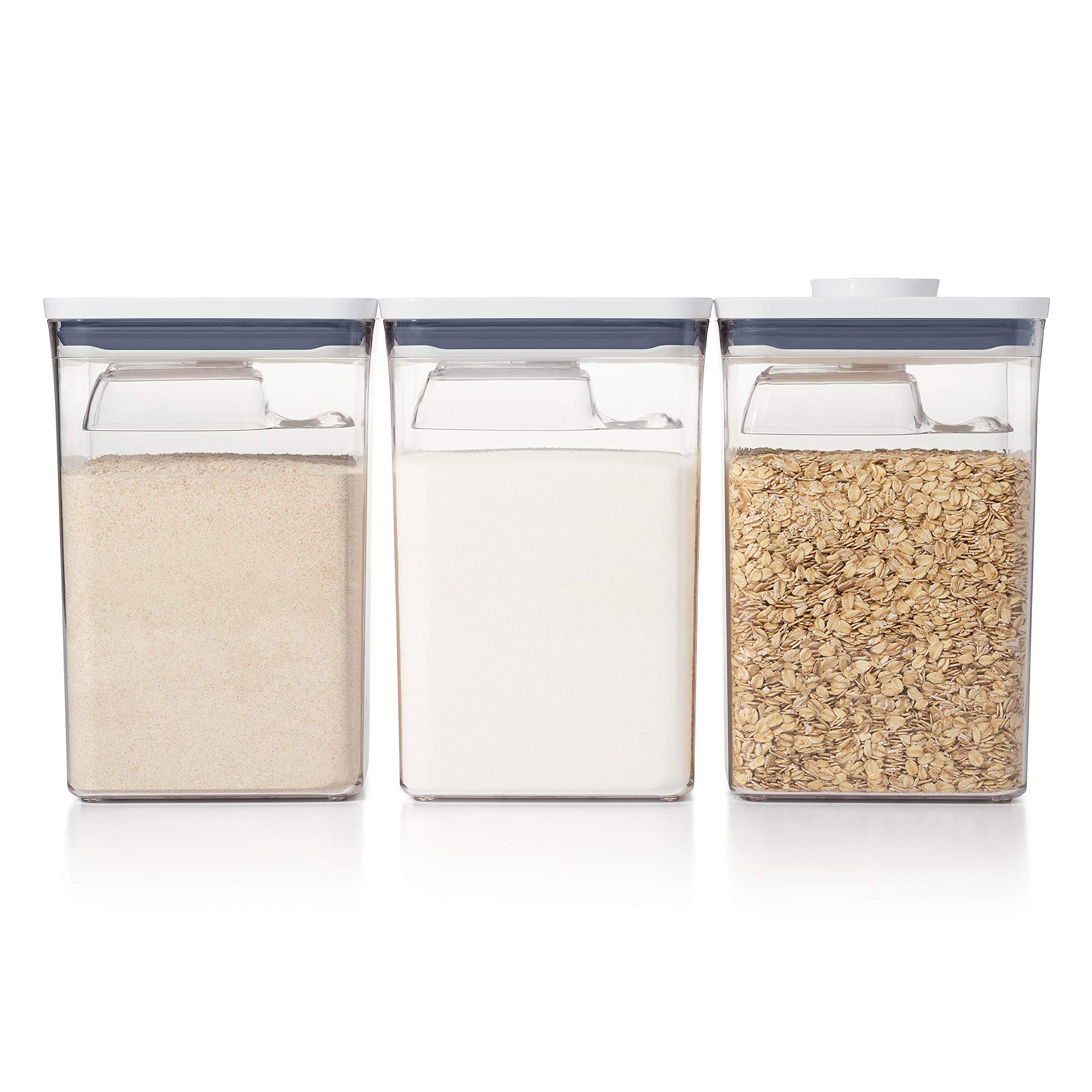 OXO Good Grips 6 Piece Large Canister Set with Scoops, 4.4 qt each, White & Good Grips 3-PC Small Square Short POP Container Set