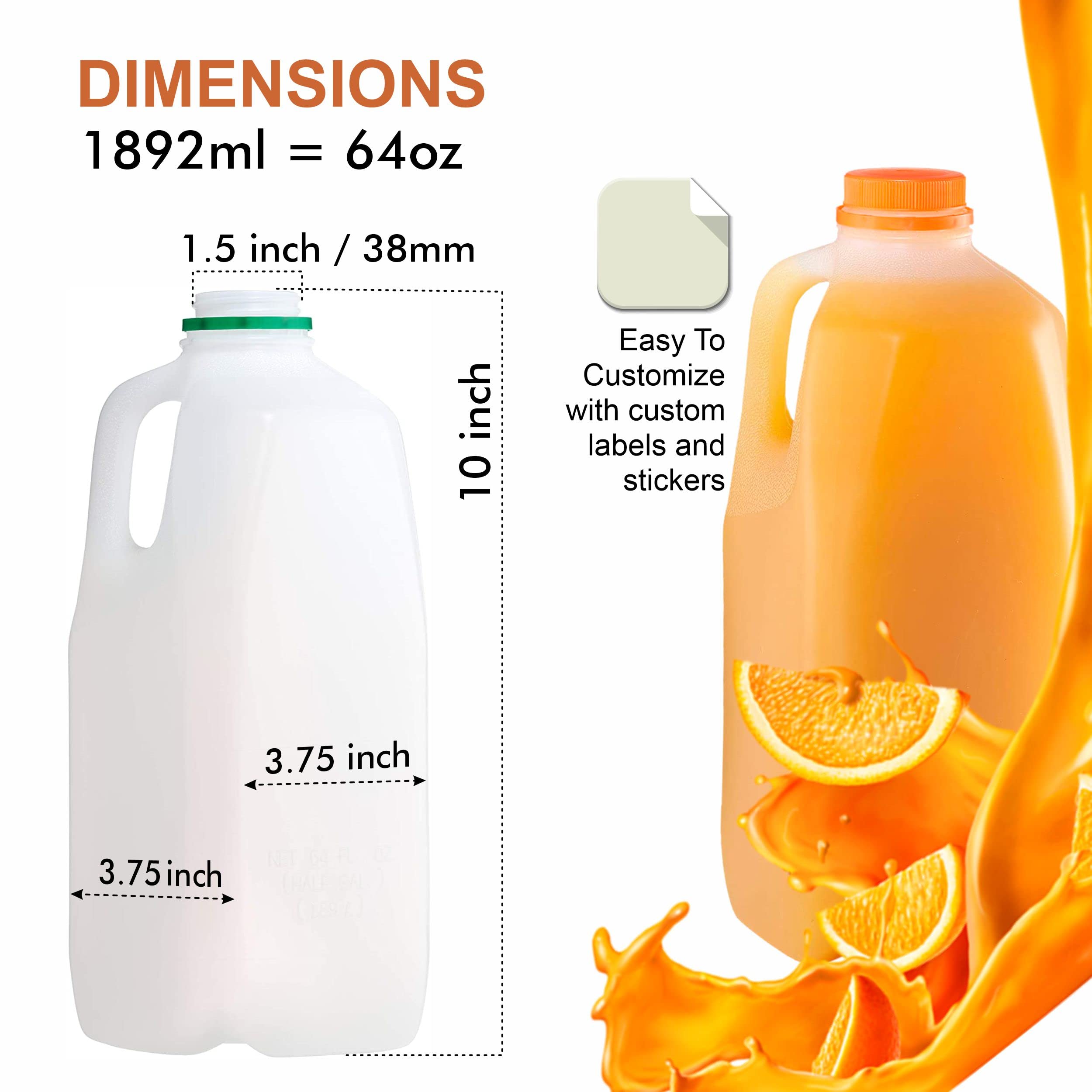 EcoQuality Empty Plastic Juice Bottles with Tamper Evident Caps 64 OZ - Half Gallon, Smoothie Bottles - Ideal for Juices, Milk, Smoothies, Picnic's and even Meal Prep Juice Containers (10)