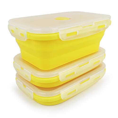 CCyanzi Set of 3 Yellow Collapsible Food Containers Collapsible Camping Bowl Silicone Storage Containers, Safe to Microwave and Freezer, 800ml
