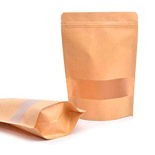 50 Pcs Self Sealing Sealable Packaging Paper Bags Waterproof Transparent Window Brown Stand Up Zipper Pouches Can Reusable for Food Tea Coffee bags Beans Nuts Seeds Dried Fruits Pouch (5.5"x.7.8")…