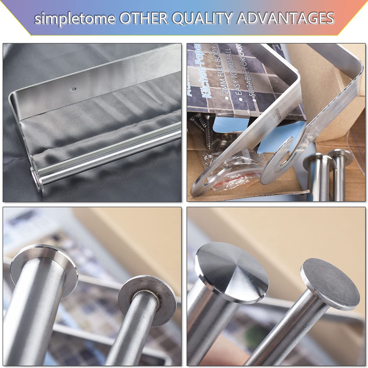 simpletome Kitchen Paper Towels Holder Under Cabinet Adhesive or Drilling Installation Brushed SUS304 Stainless Steel (Silver)